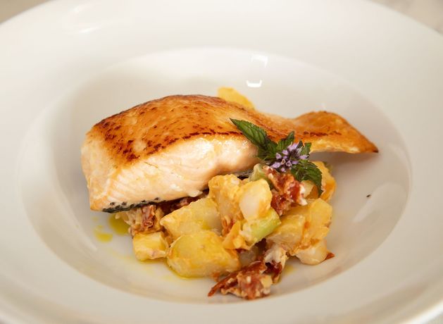 Edward Hayden: Chilli Crusted Salmon, Potato Salad with Chorizo & Crème ...