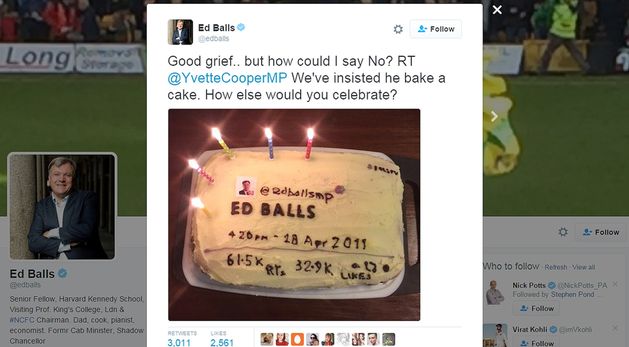 Ed Balls makes cake to celebrate half-baked tweet | Irish Independent