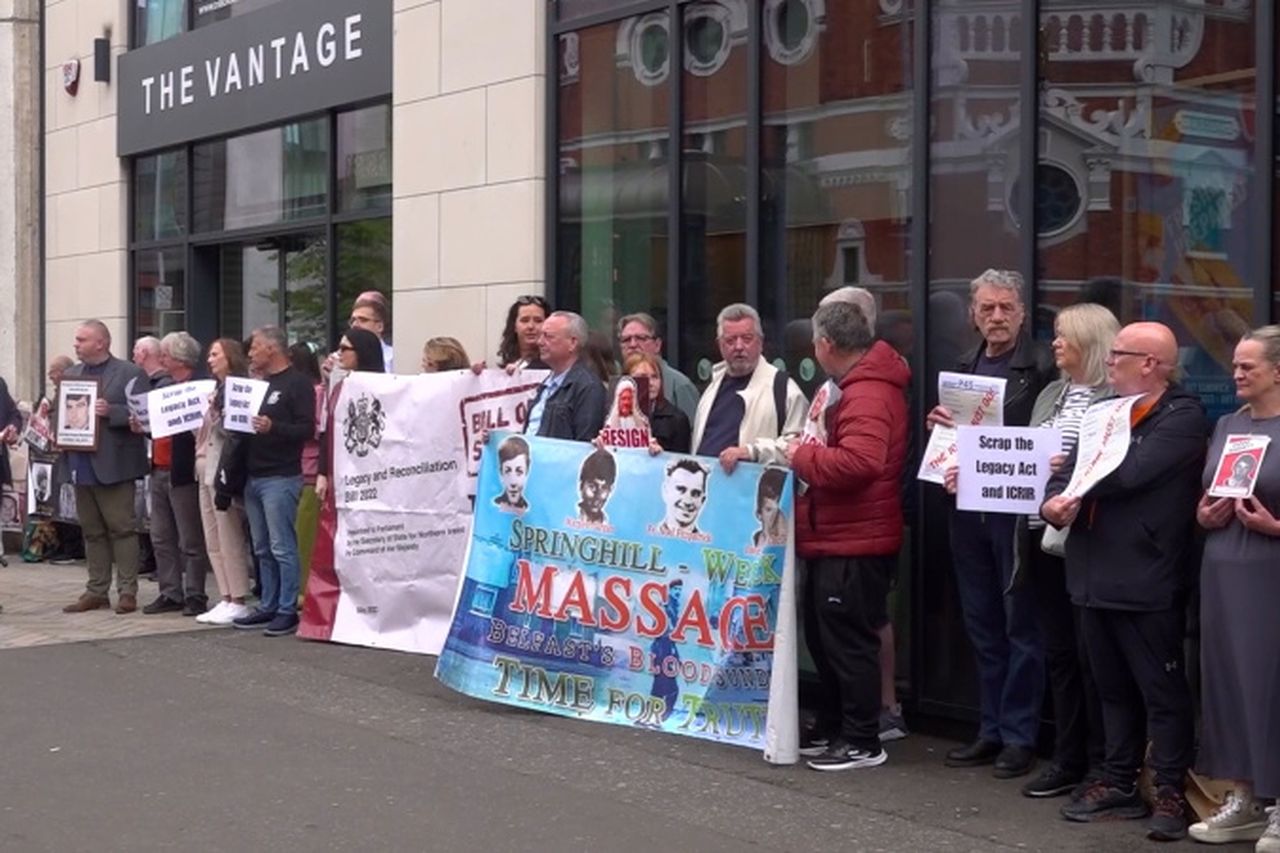 Victims of the Troubles and supporters protest outside the offices of ...