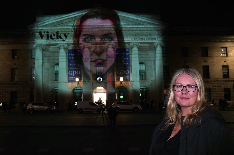 Digital image of cervical cancer campaigner Vicky Phelan projected on ...