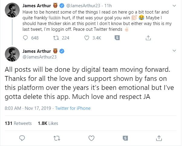Singer James Arthur quits Twitter over trolling | Irish Independent